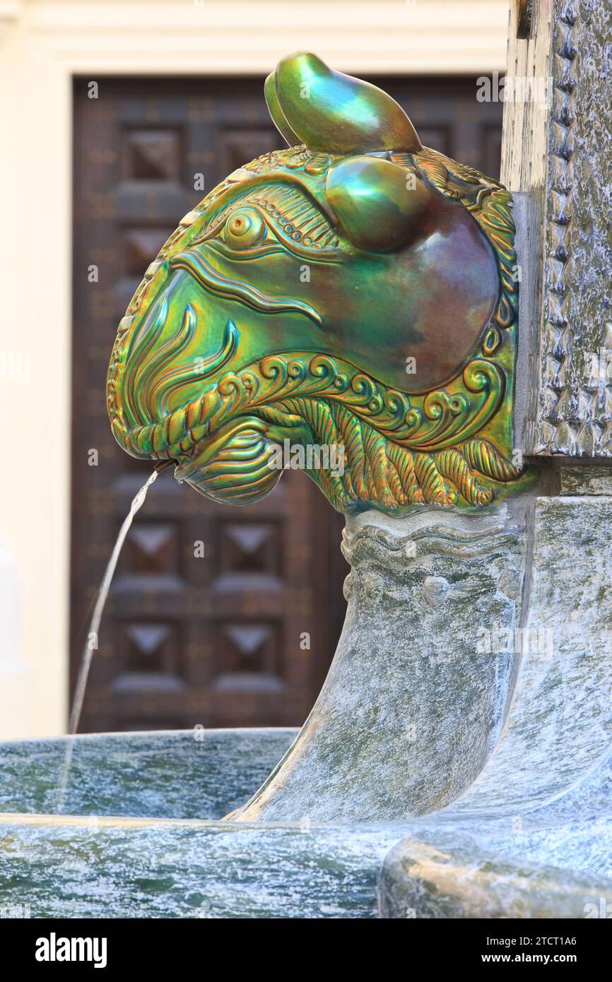 One of the four eosin water-spitting ox-head spigots of the Zsolnay ...