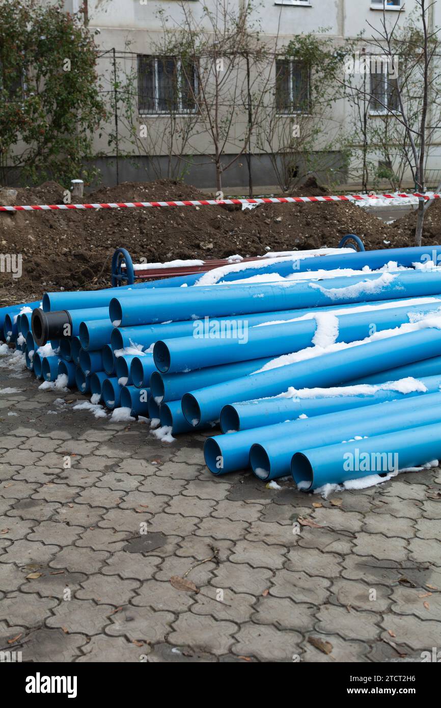 Blue Plumbing pipes. Plastic polypropylene pipe. Sanitary, sewer ...