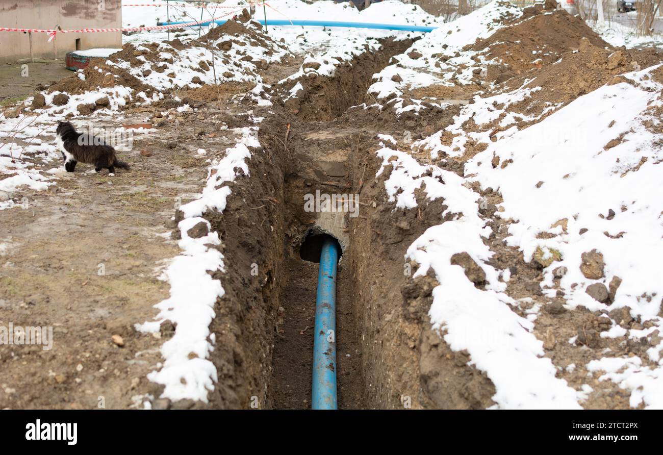 Plumbing pipe laying. Plastic polypropylene pipe. Sanitary, sewer ...