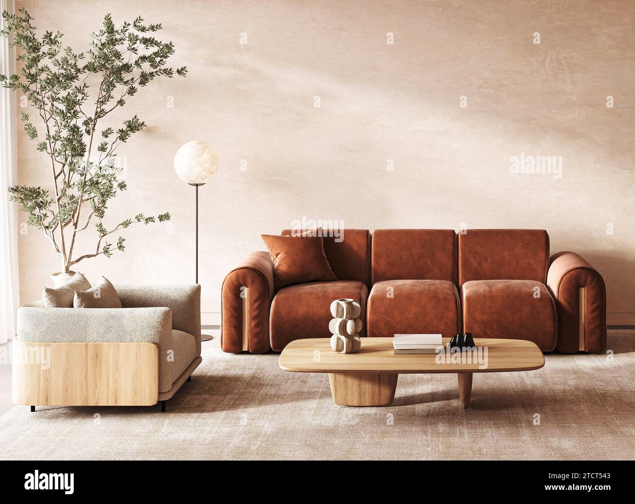 Scandinavian living room with velvet terracotta sofa and modern wooden ...