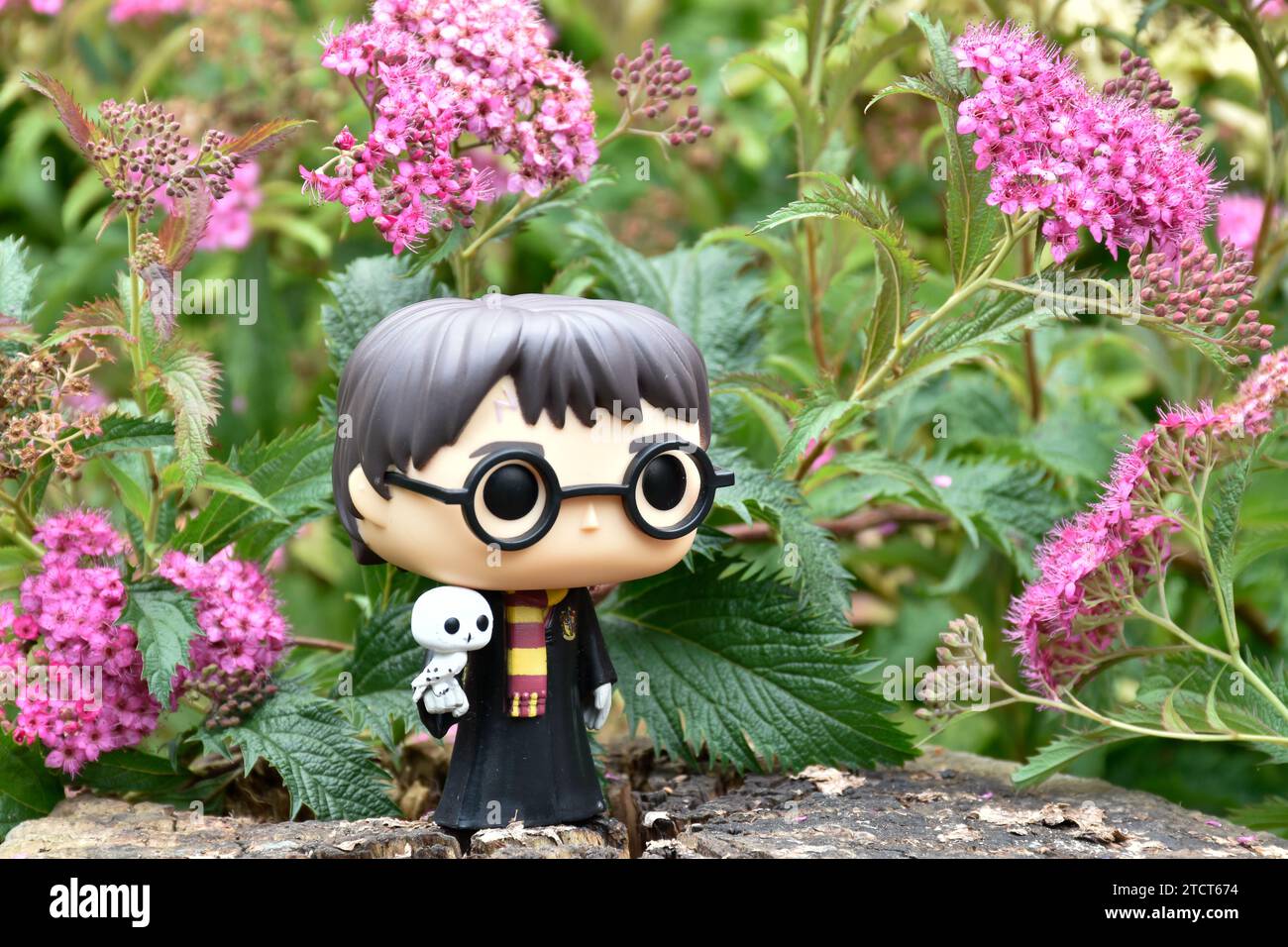 Funko Pop action figure of Harry Potter with owl standing on tree stump ...