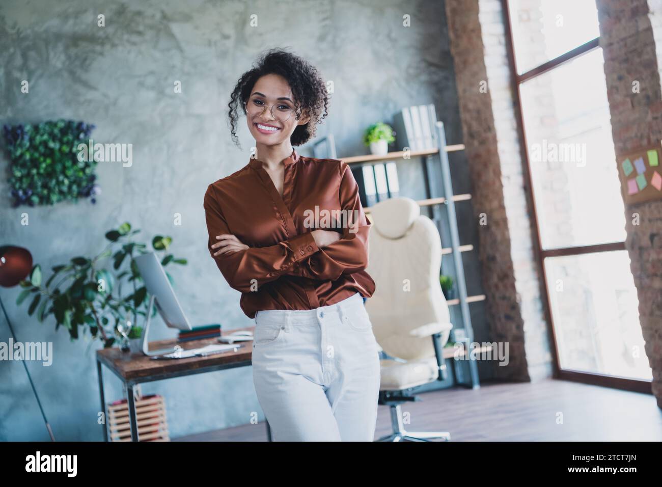 Photo of stunning friendly lawyer lady crossed arms posing bright ...
