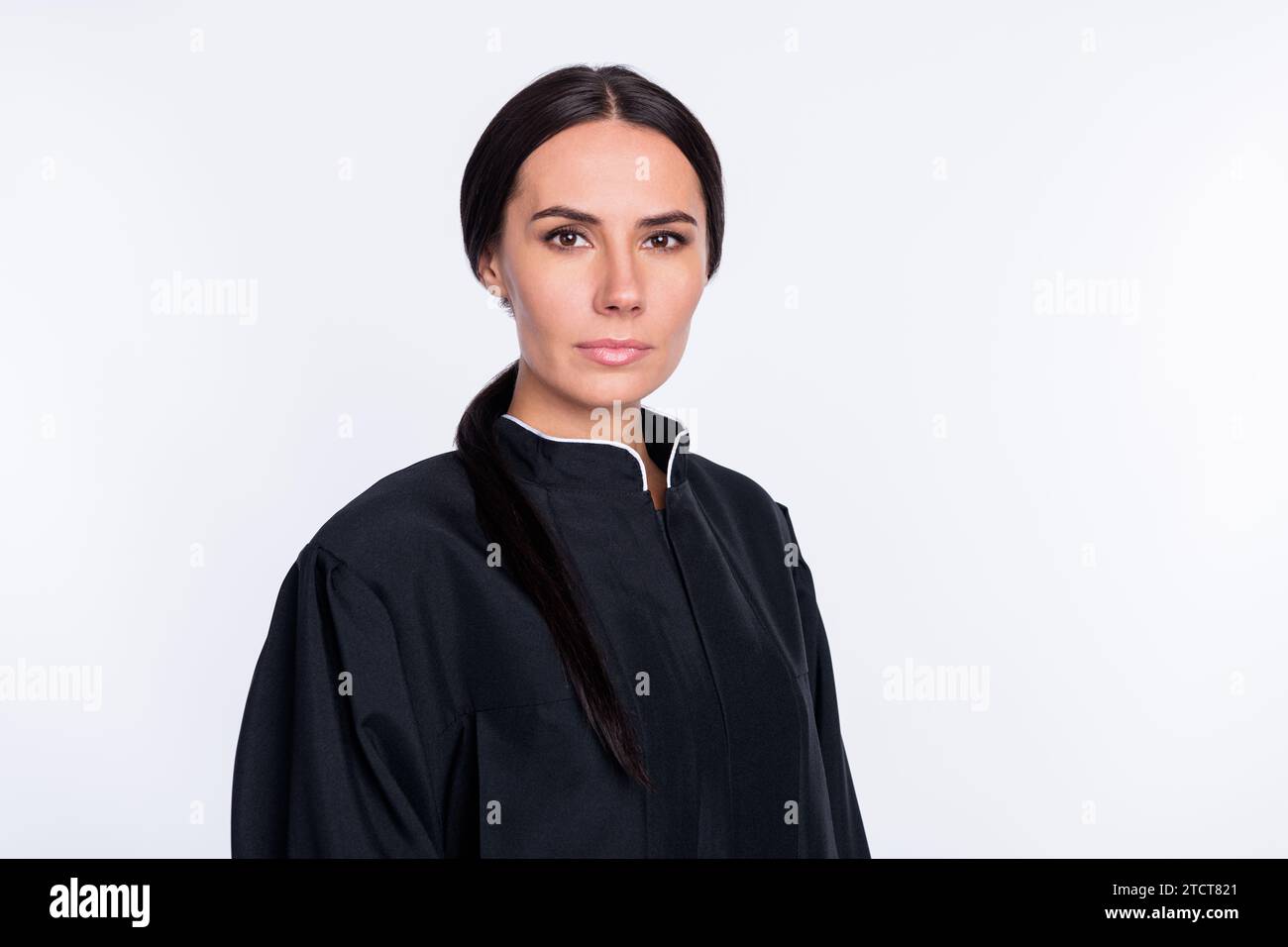 Photo of beautiful serious professional woman judge attorney wear black ...