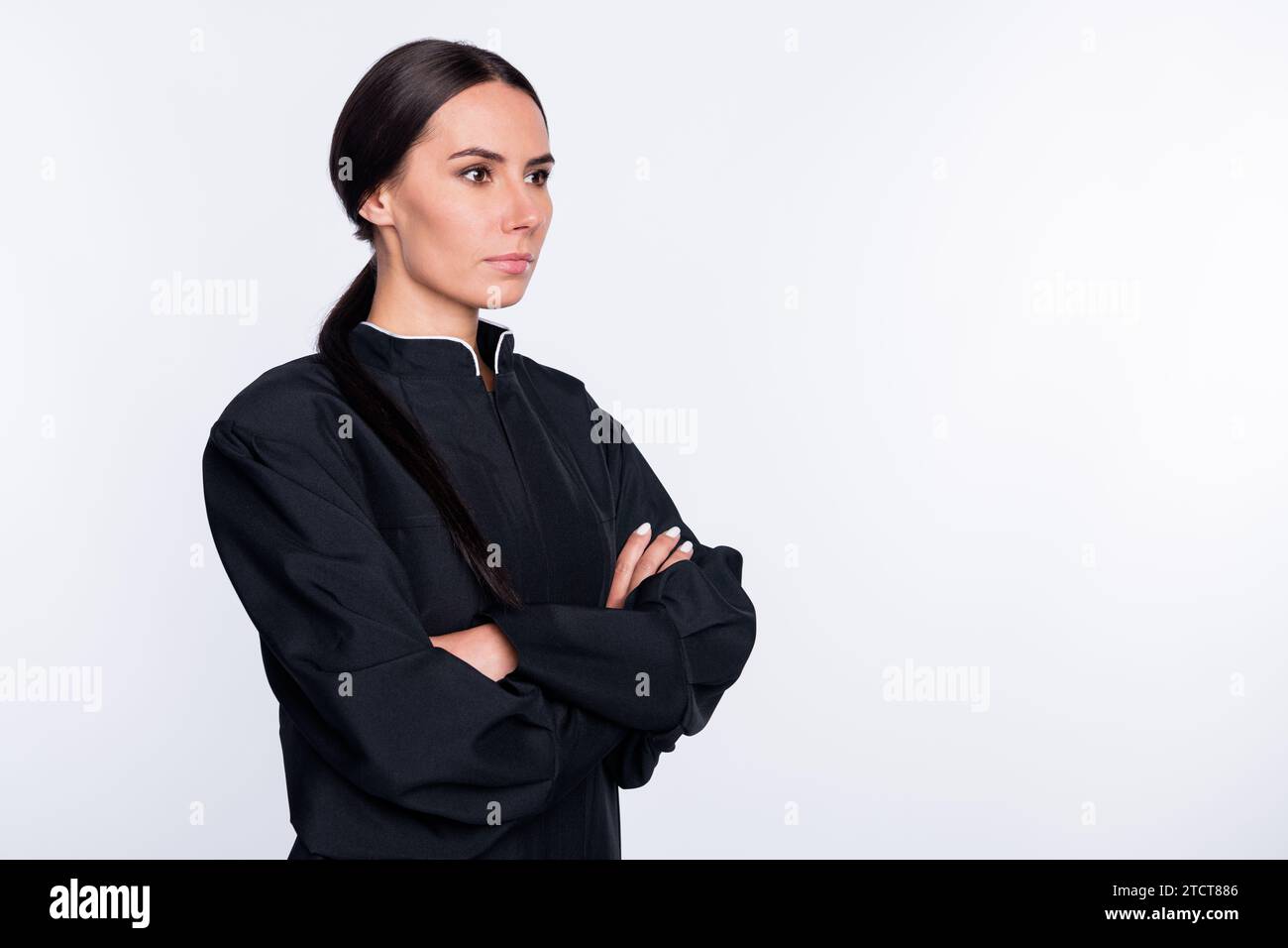 Profiel side photo of young beautiful serious woman judge look ...