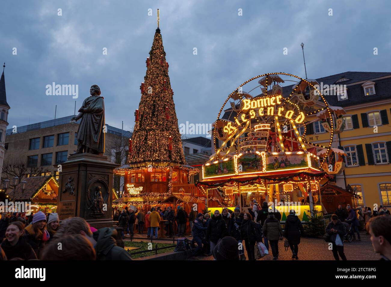 Bonn, Germany - Dec 6, 2023: Twilight view of a bustling Christmas ...