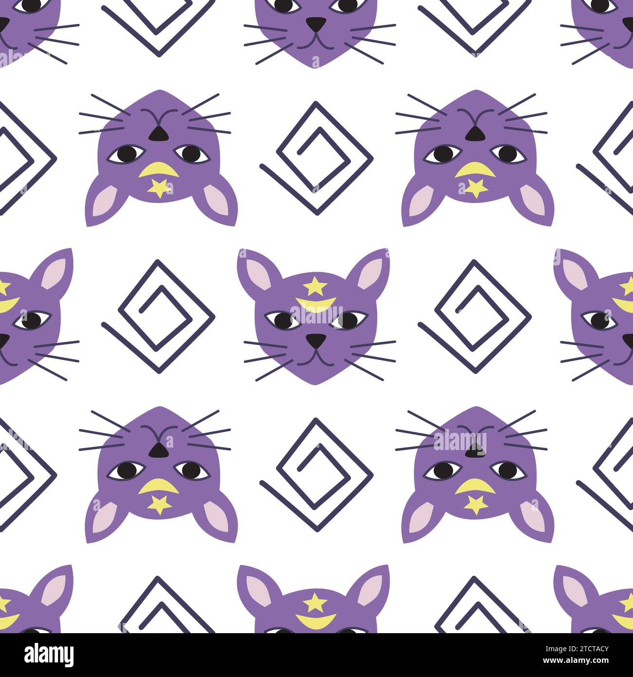 Feline seamless pattern. Cat heads with moon and stars background ...