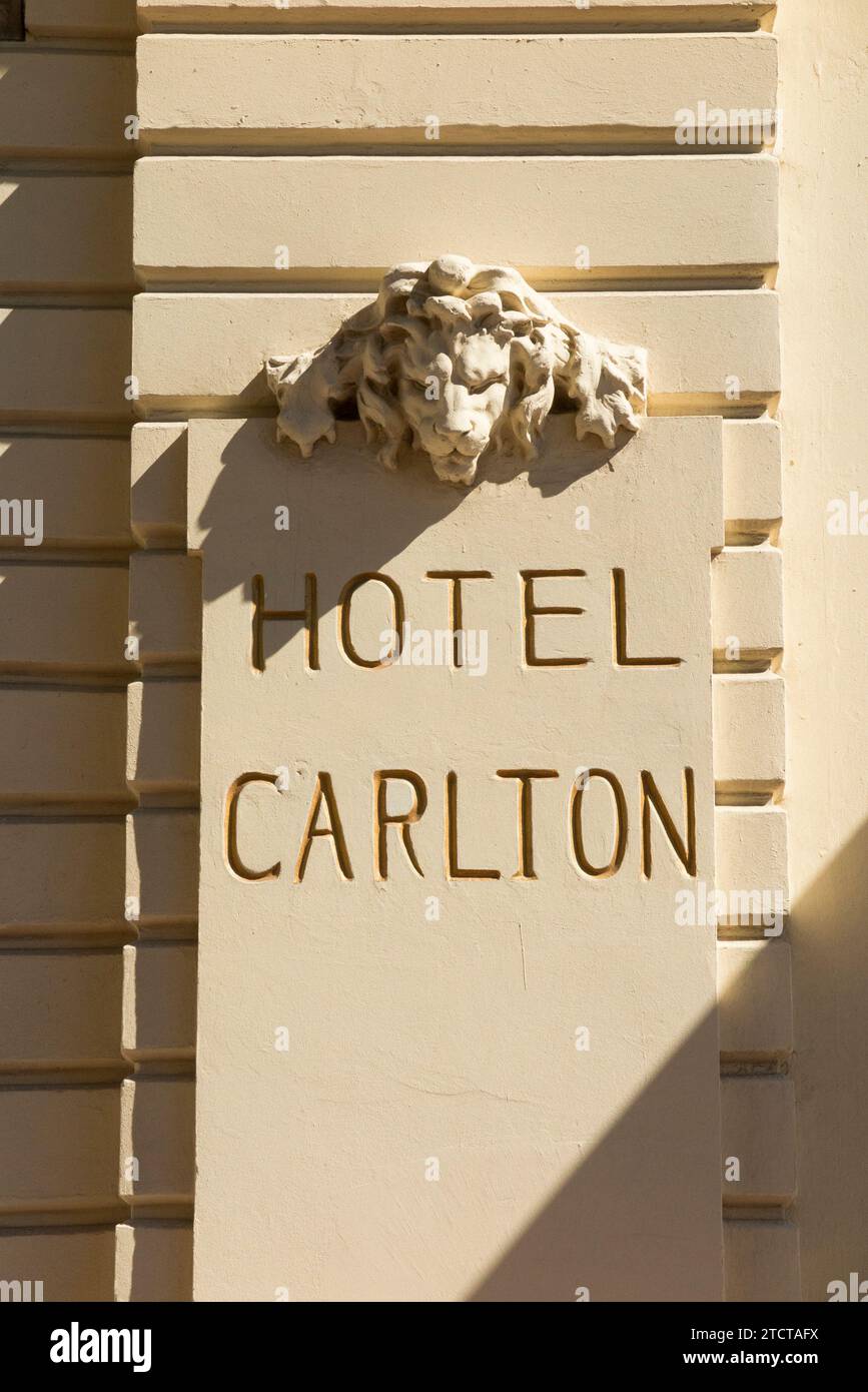 The name of the Hotel Carlton / Carlton Cannes Hotel, Cannes, in cement ...