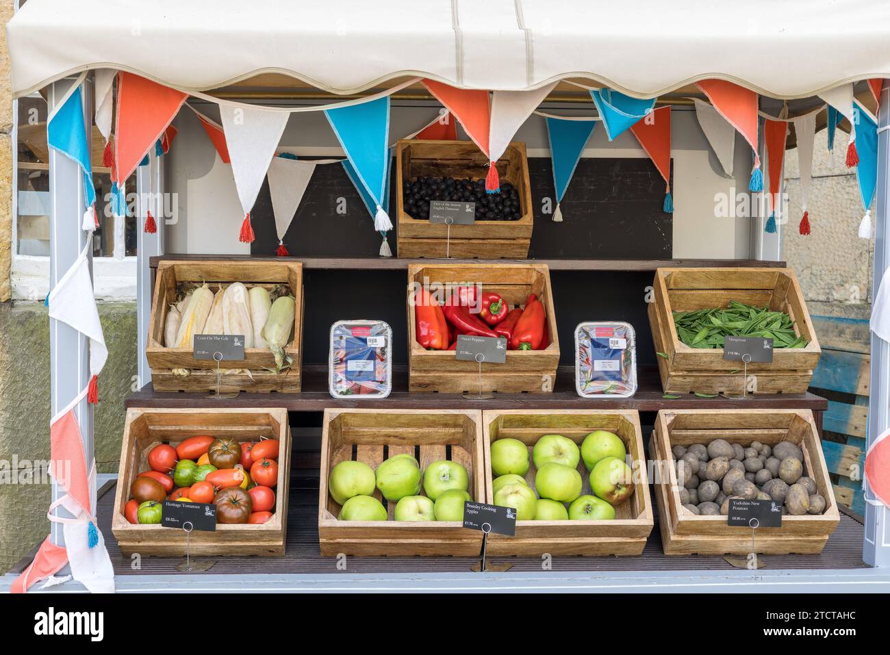 Traditional grocery display cart with fresh fruit and vegetables Stock ...