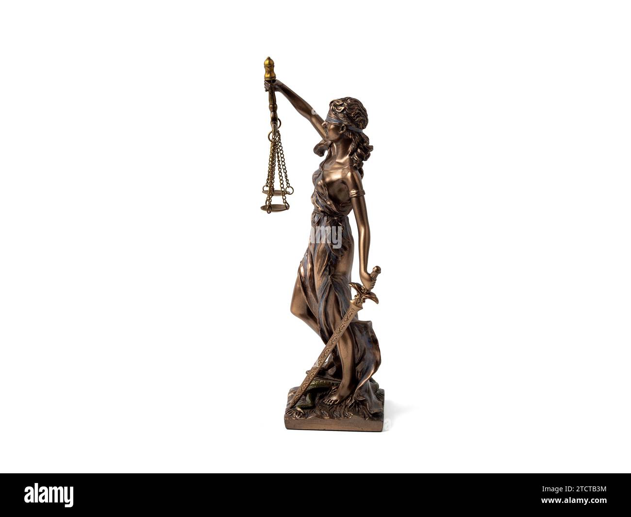 Bronze statue of Lady Justice on a white background. Statue of Justice ...