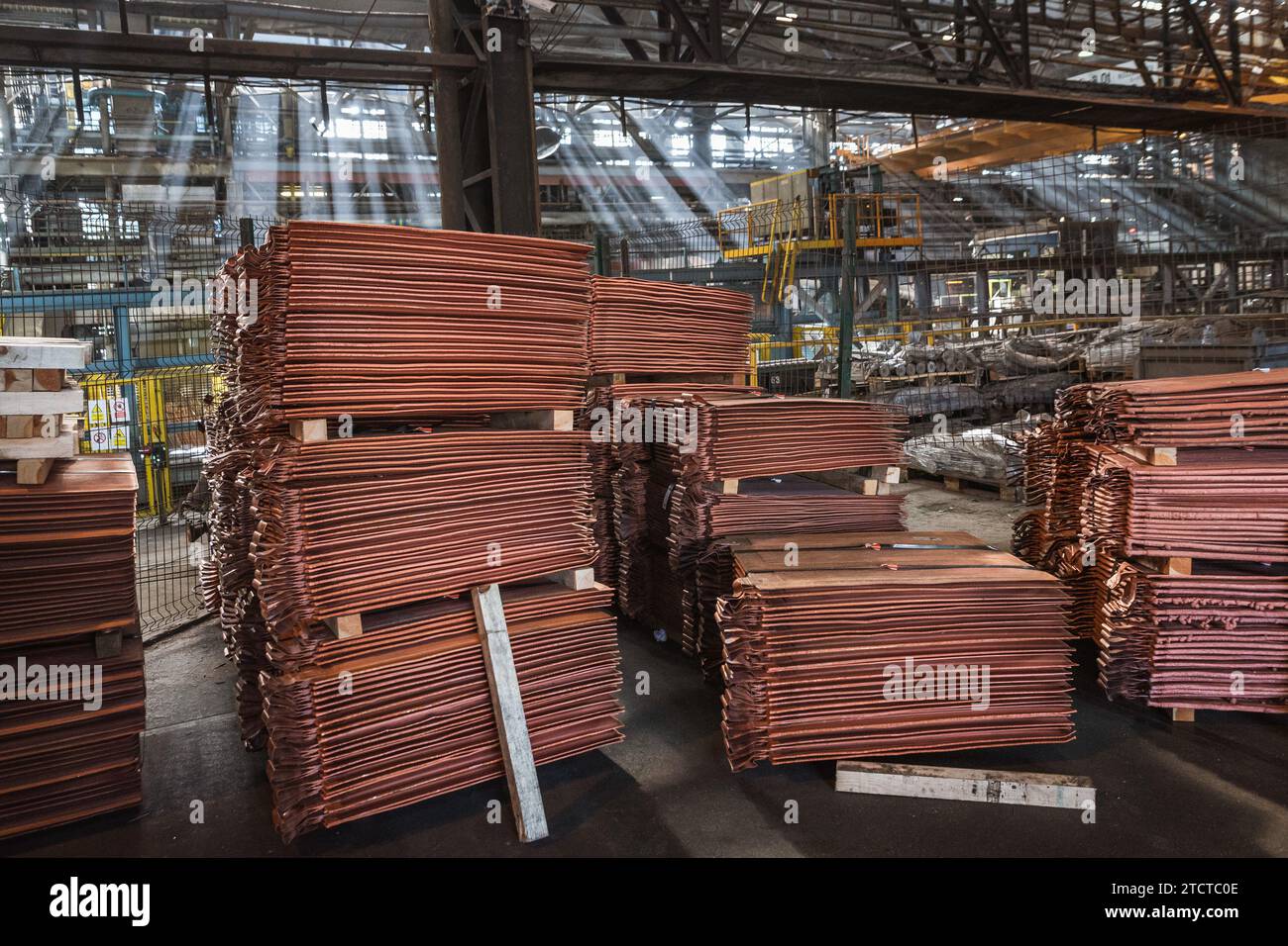 Cathode copper bars in the smelter loaded for rail transport Stock ...