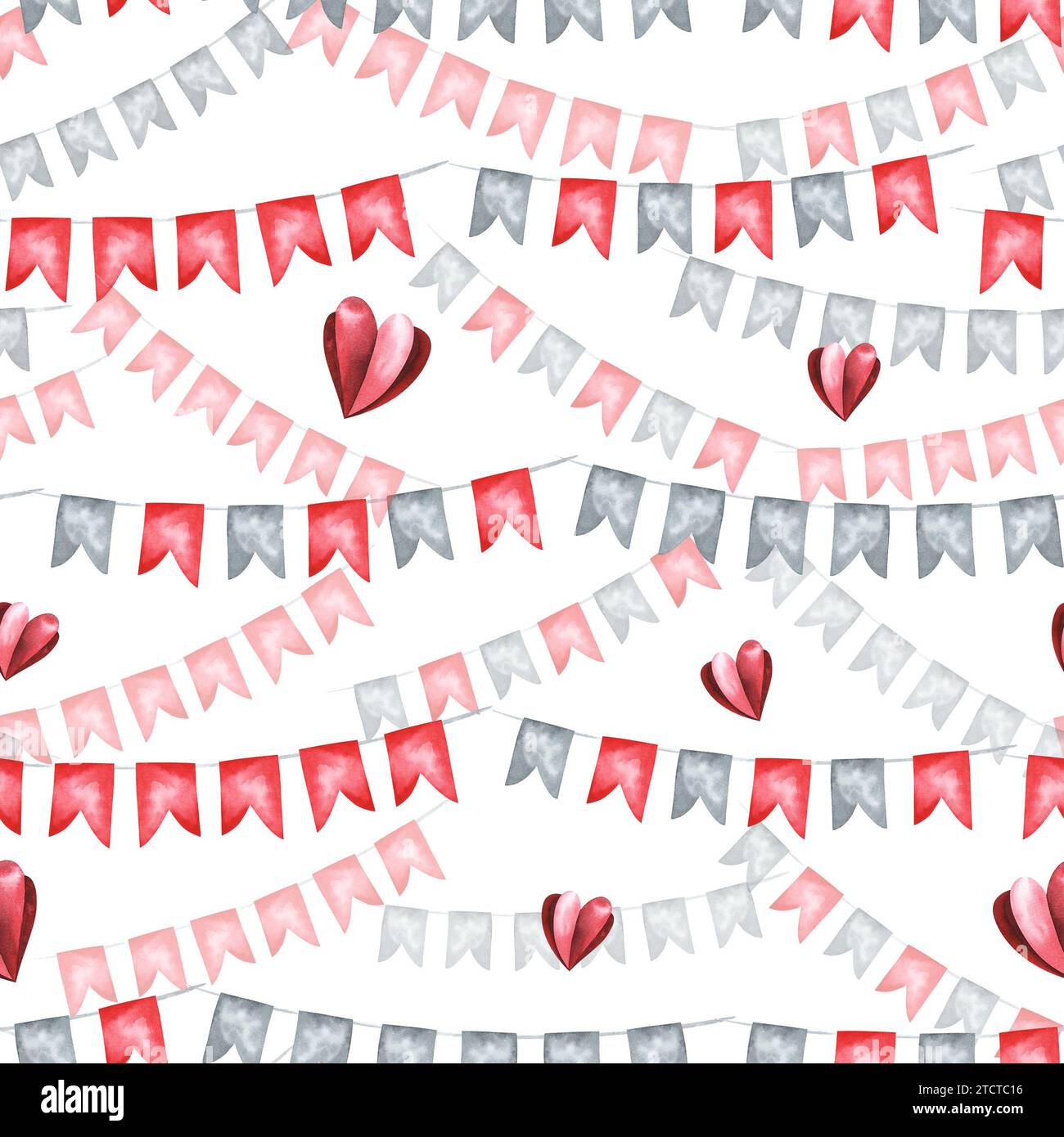 Watercolor illustration collection of red and grey flag buntings ...