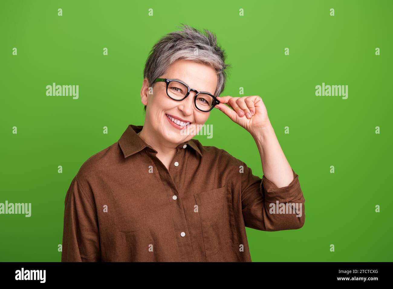 Portrait of intelligent clever person with short hairstyle dressed ...