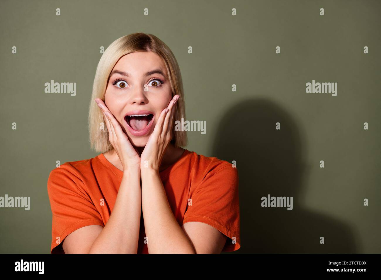 Photo portrait of attractive young woman hands cheeks astonished wear ...