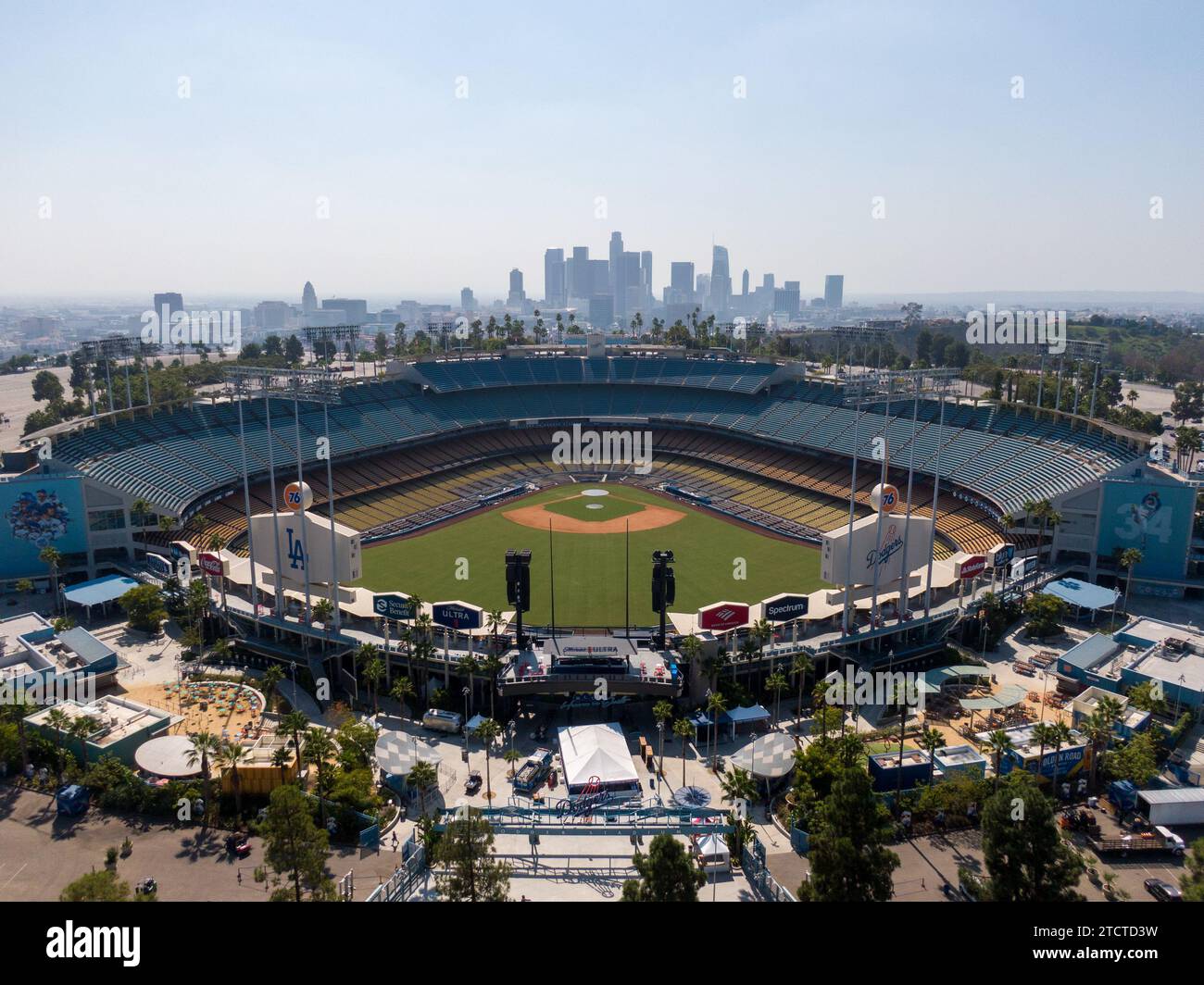 Drone images of Dodger Stadium with the Los Angeles skyline visible in ...