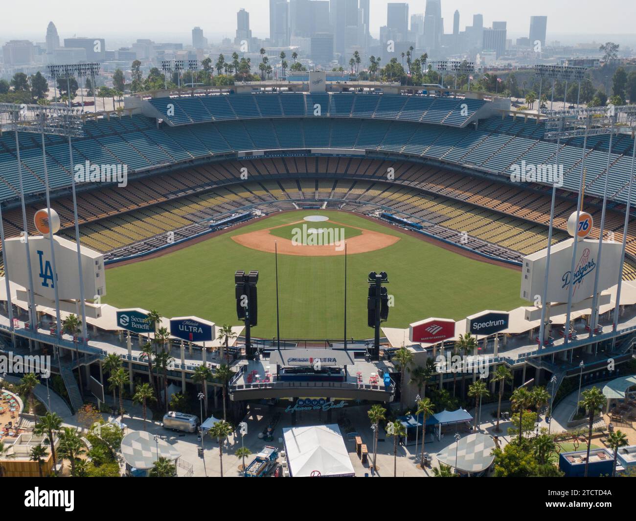 Drone images of Dodger Stadium with the Los Angeles skyline visible in ...