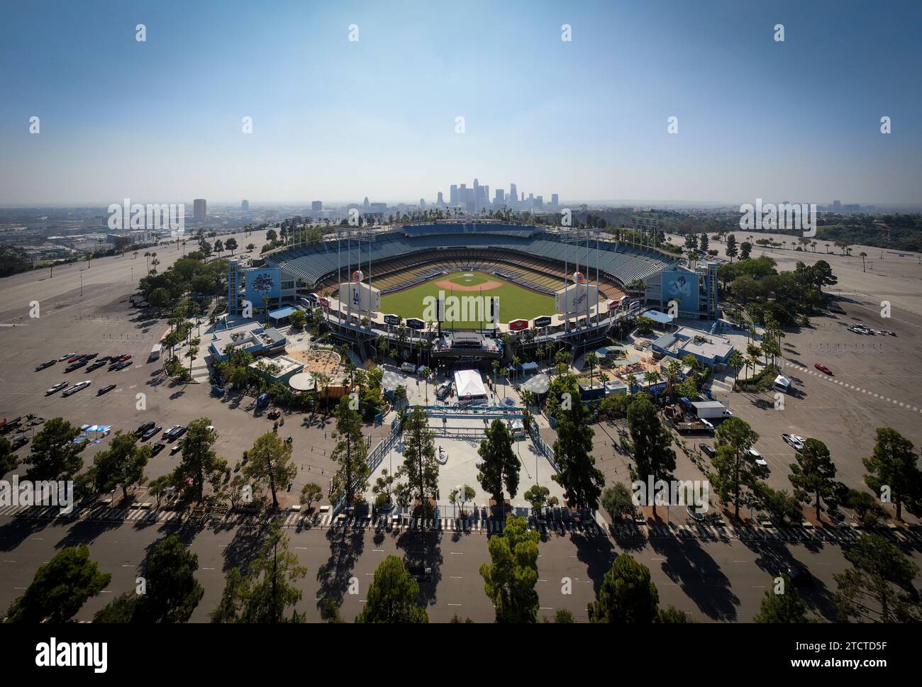 Drone images of Dodger Stadium with the Los Angeles skyline visible in ...