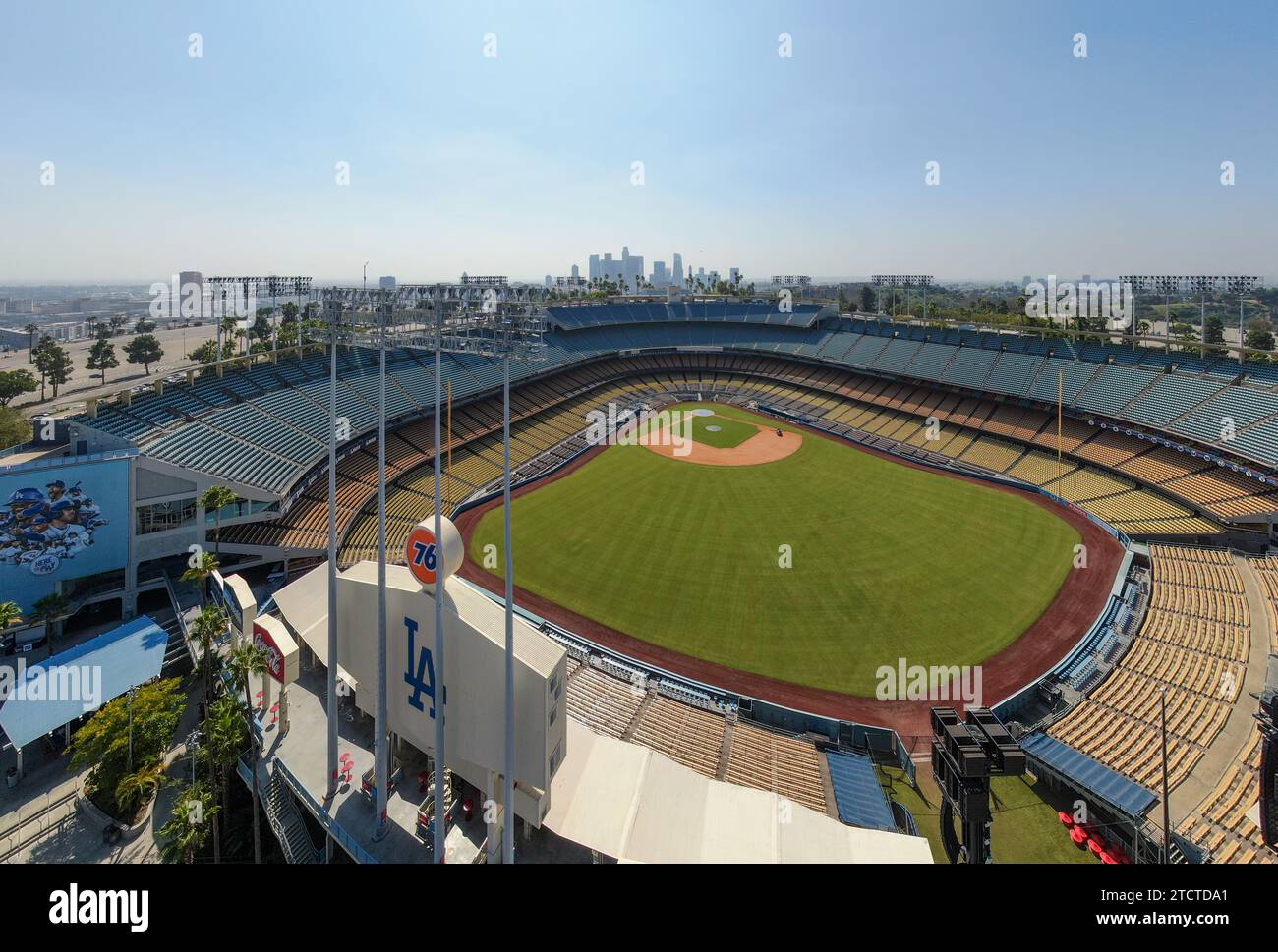 Drone images of Dodger Stadium with the Los Angeles skyline visible in ...