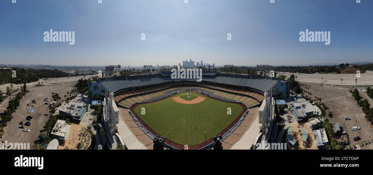 Drone images of Dodger Stadium with the Los Angeles skyline visible in ...