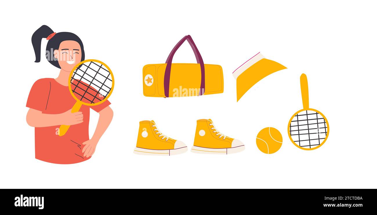 cute woman holding tennis racket and equipment for tennis game. Vector ...