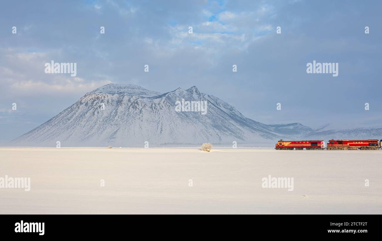 Snow-covered Kirkor Mountain in the background and Van Lake Express ...