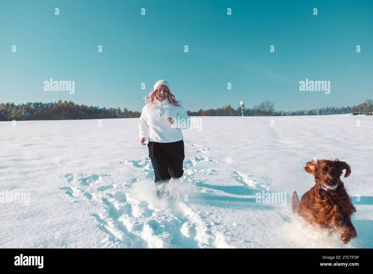 Active Irish Setter dog with woman running slow motion footage during ...
