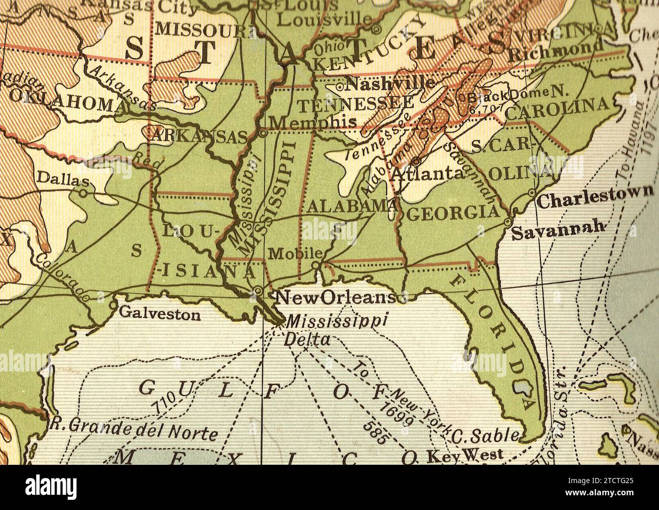 A vintage/antique geographical map in sepia of the USA showing Florida ...