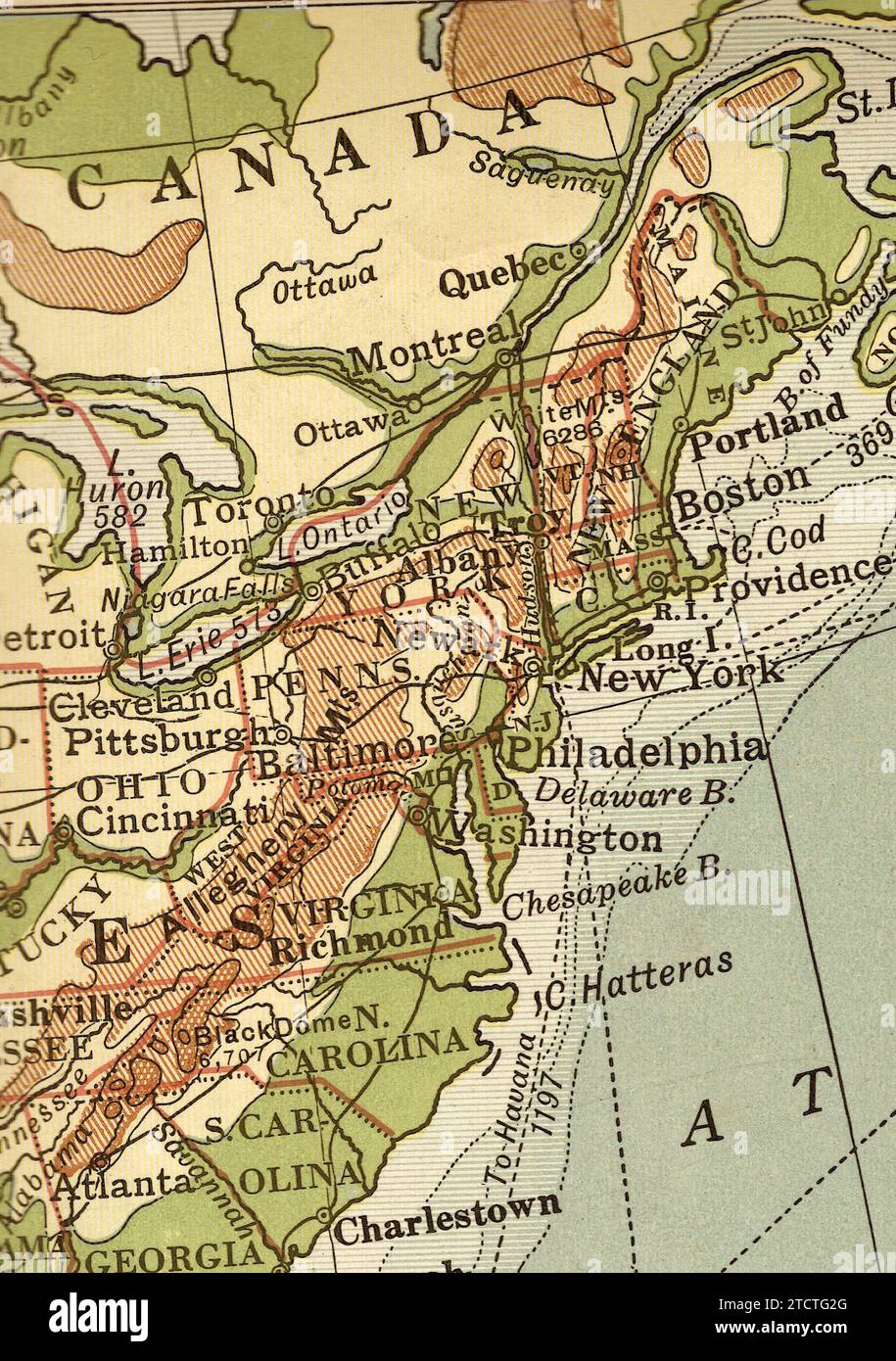 A vintage/antique geographical map in sepia of the USA showing the east ...