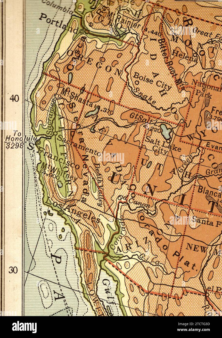 A vintage/antique geographical map in sepia of the USA showing the west ...