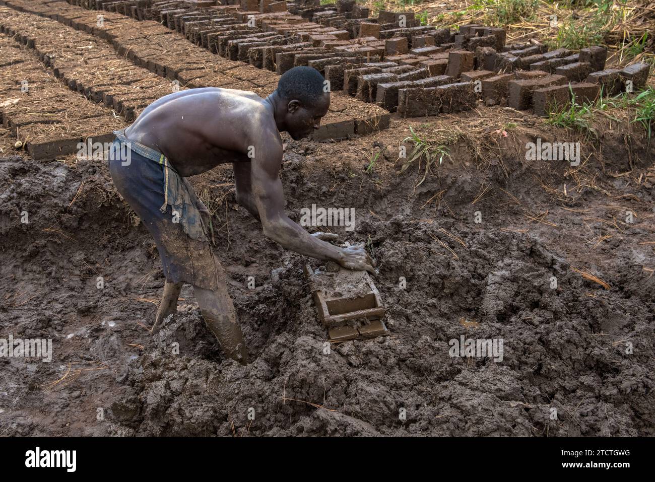 Worker making clay bricks in a village near Lake Albert, Uganda Stock ...