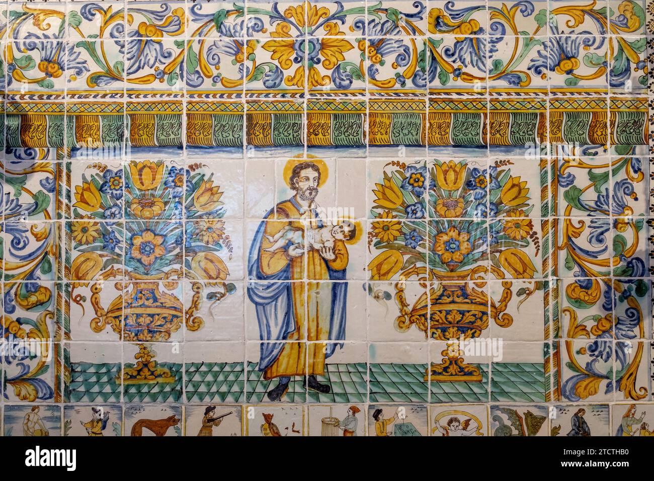 Mosaic in Cau Ferrat museum, Sitges, Spain. Saint Joseph carrying baby ...