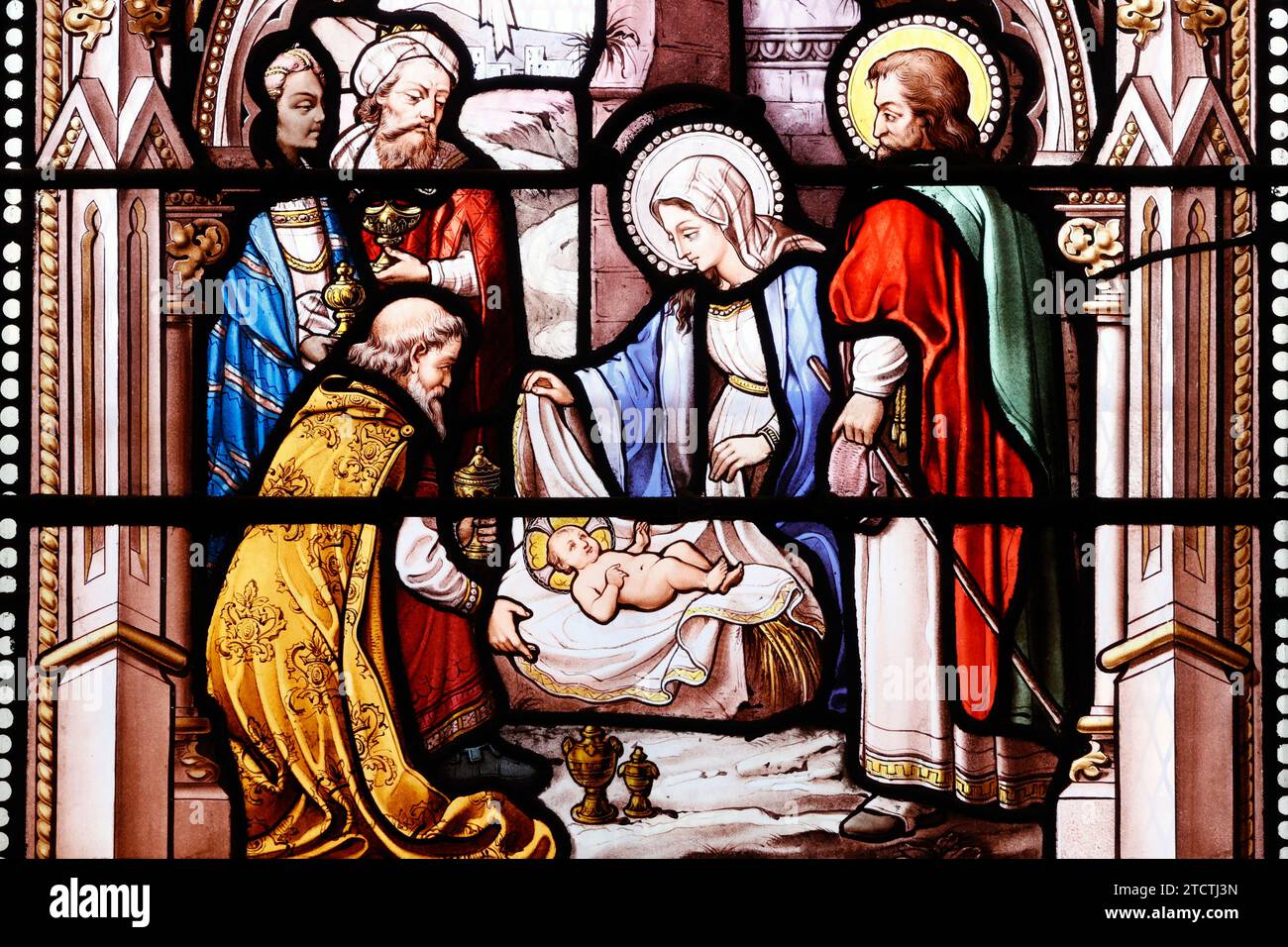 Saint Leonard church. Stained glass. Nativity of Jesus. Adoration of ...
