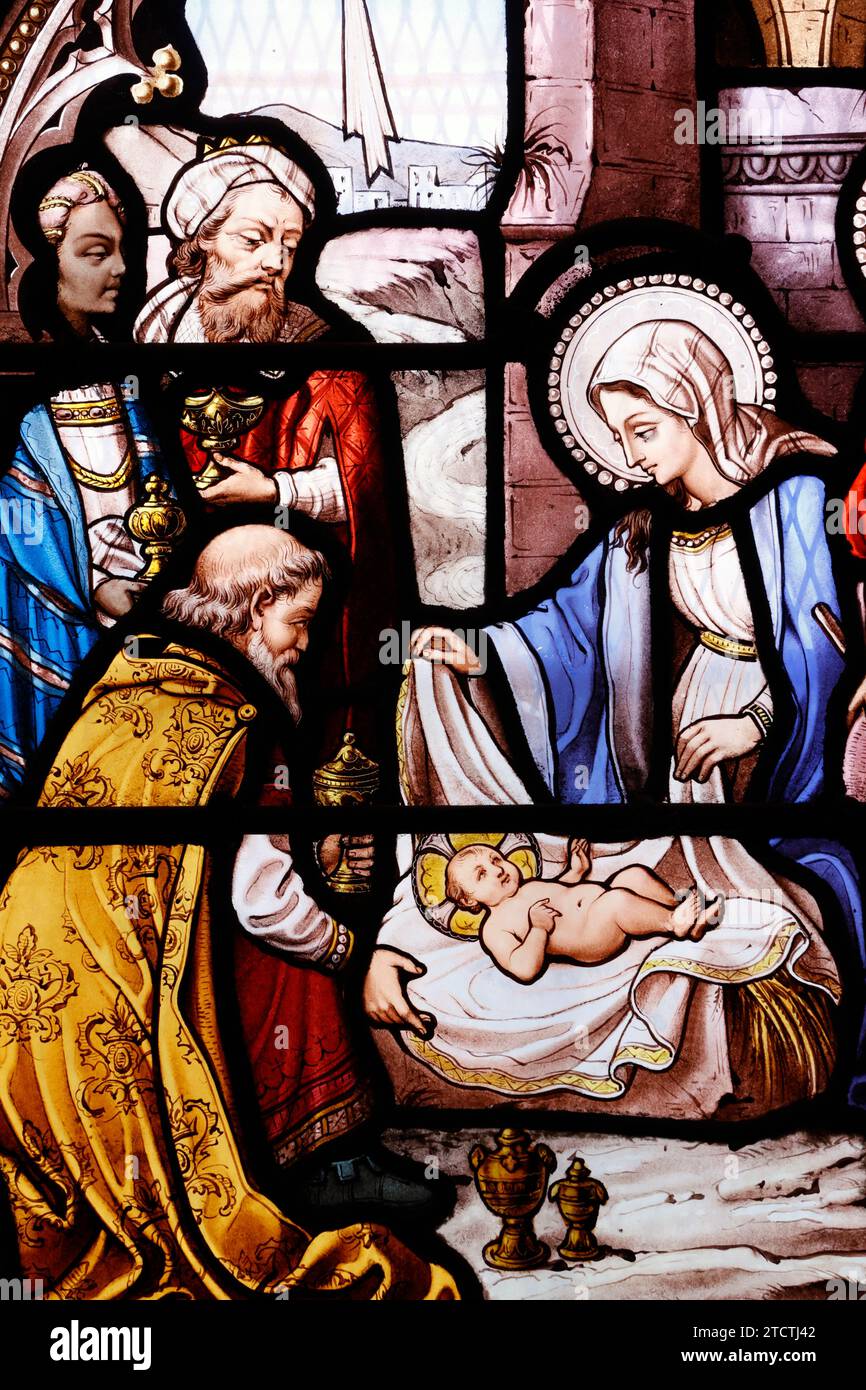 Saint Leonard church. Stained glass. Nativity of Jesus. Adoration of ...