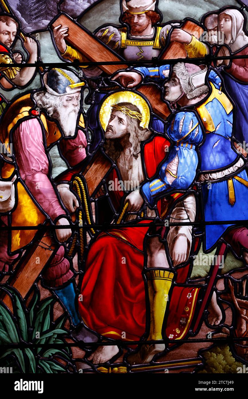 Saint Leonard church. Stained glass. Way of the cross. Station 5. Simon ...