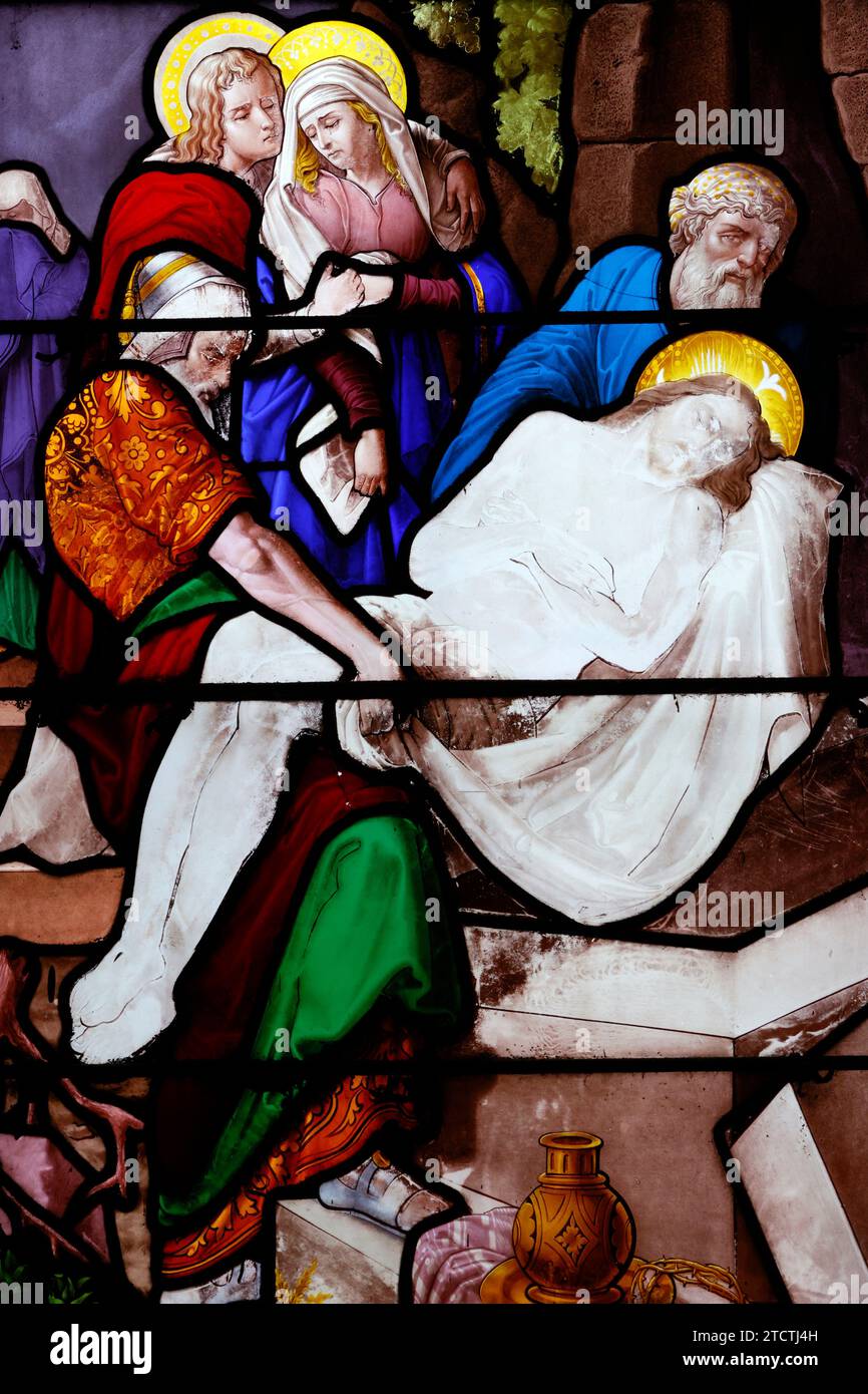 Saint Leonard church. Stained glass. Way of the cross. Station 14 ...