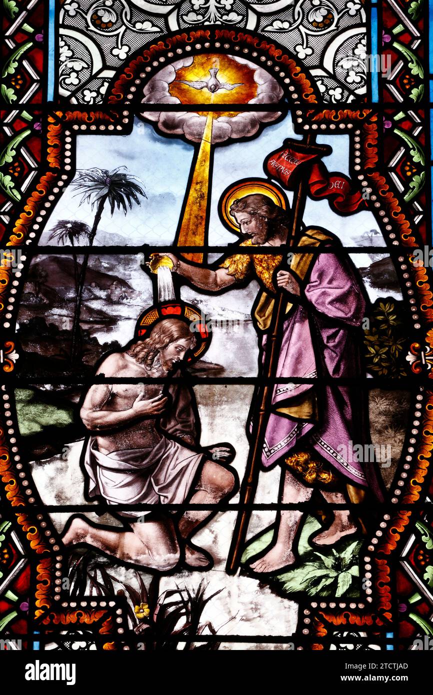Saint Martin church. Stained glass. The baptism of Jesus by John the Baptist. Villiers sur Mer ...