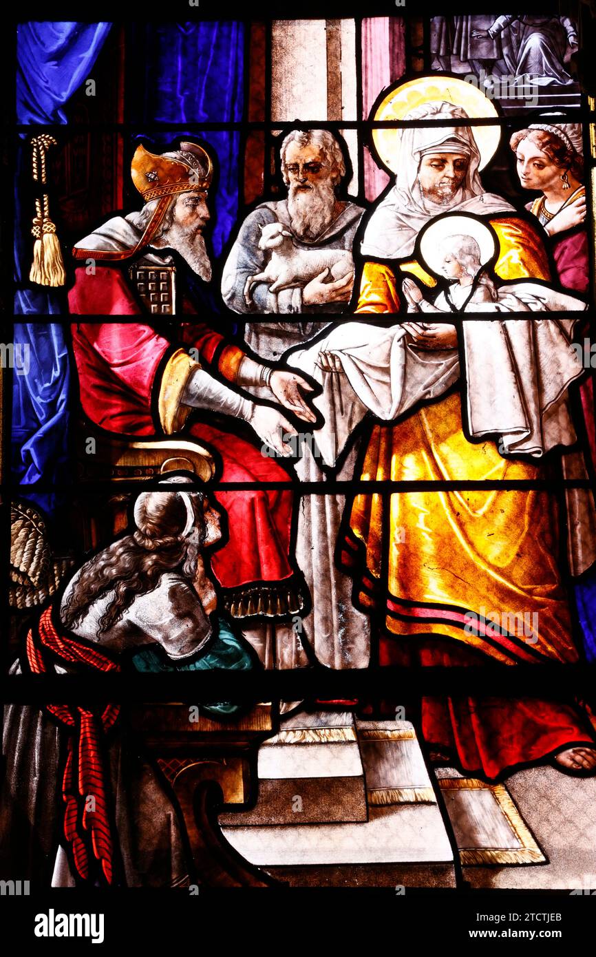Saint Martin church. Stained glass. Life of Virgin Lary. Presntation at ...