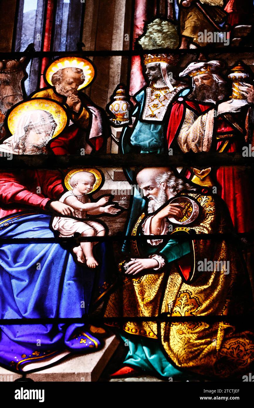 Saint Martin church. Stained glass. Nativity of Jesus. Adoration of the ...