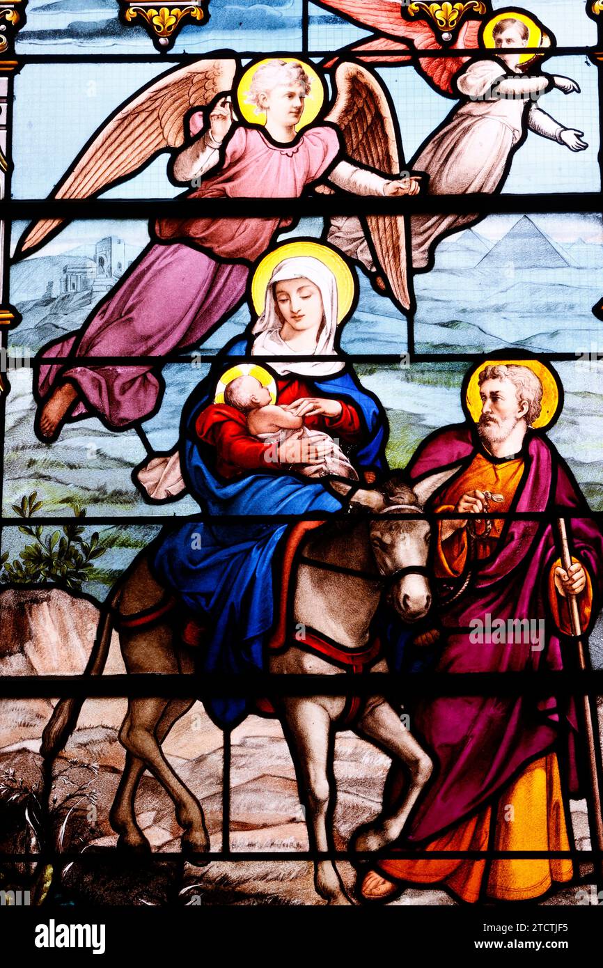 Saint Aubin church. Stained glass. The Flight into Egypt. Holy Family ...