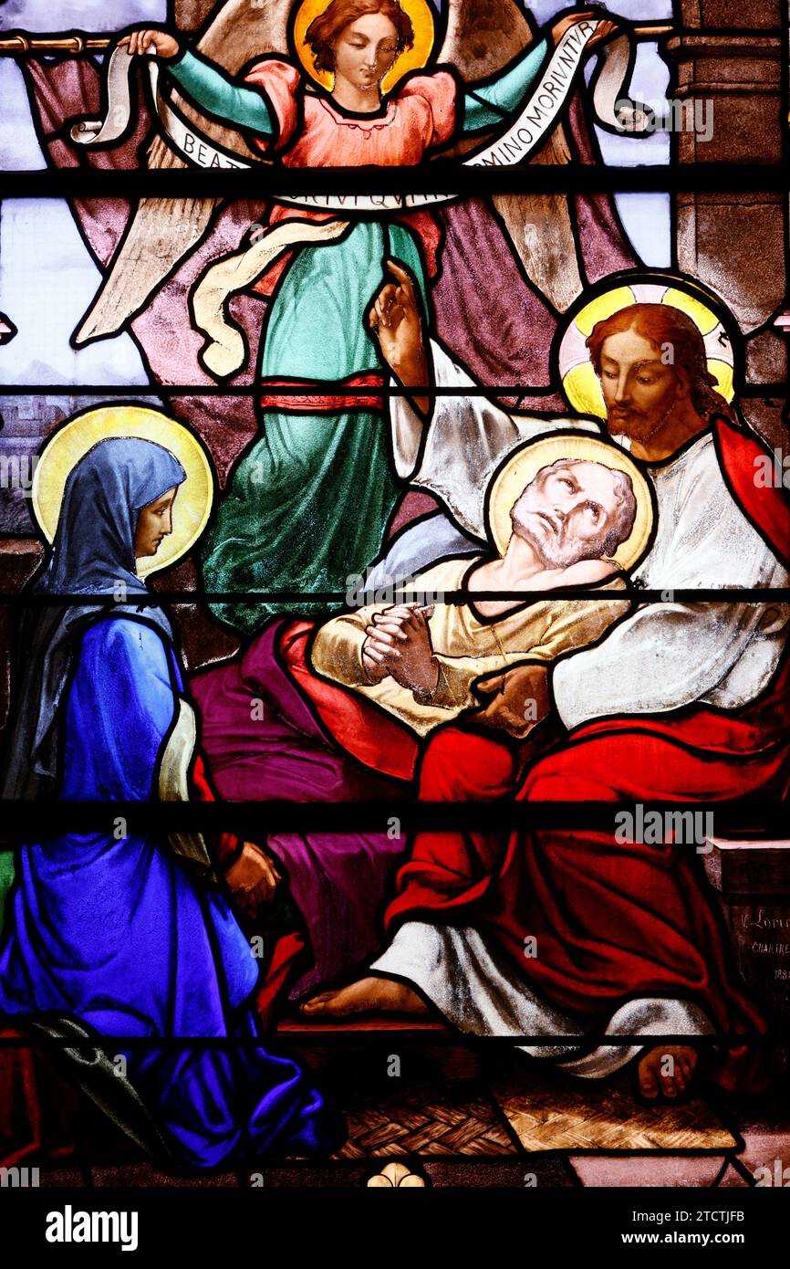 Saint Aubin church. Stained glass. The Death of Saint Joseph, with ...