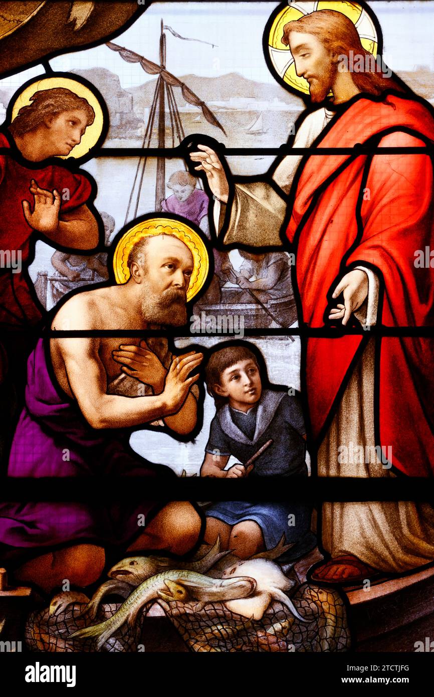 Saint Aubin church. Stained glass. Jesus and his apostles fishing. The ...