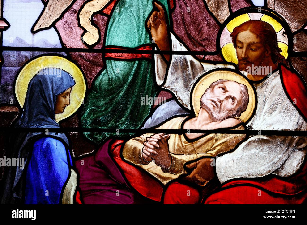 Saint Aubin church. Stained glass. The Death of Saint Joseph, with ...