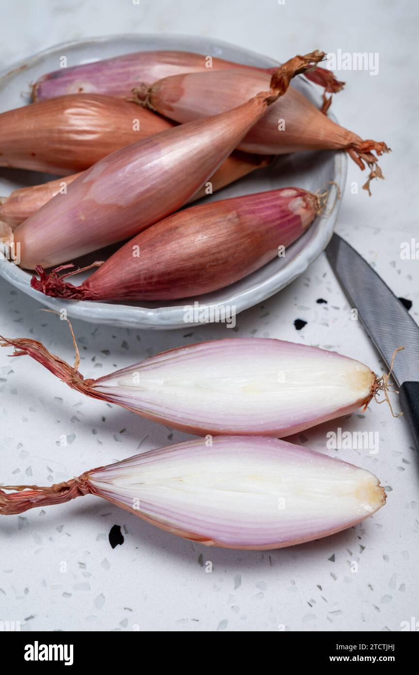 French long pink shallots grappe onion from Brittany, France close up ...