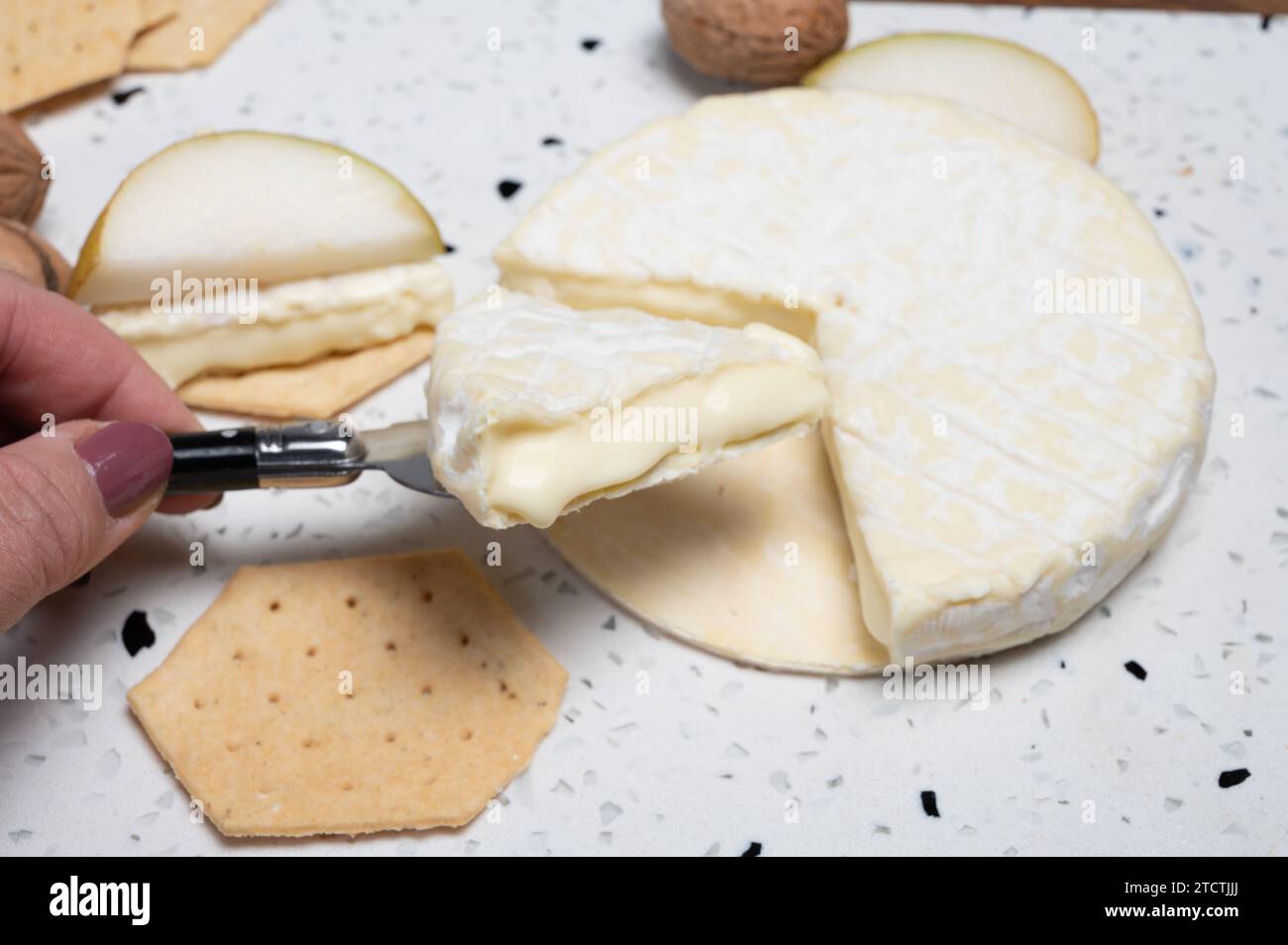 French soft Cremeux de Normandie cheese, soft creamy cheese with white ...