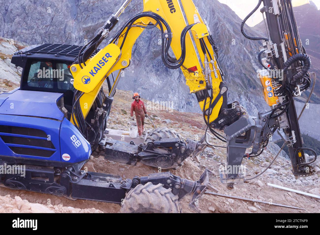 French Alps. Construction site on The Mont Blanc Tramway (TMB) the ...