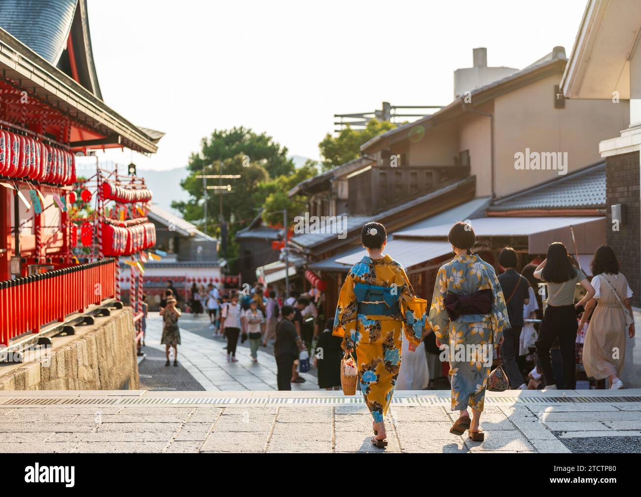 Back view two asian young women wearing Japanese traditional kimono at ...