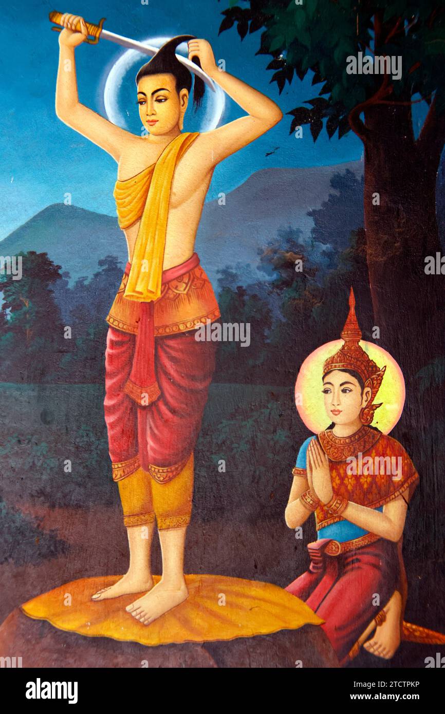 Wat Sras Chak. Life of Siddhartha Gautama, the Buddha. Buddha cut off ...
