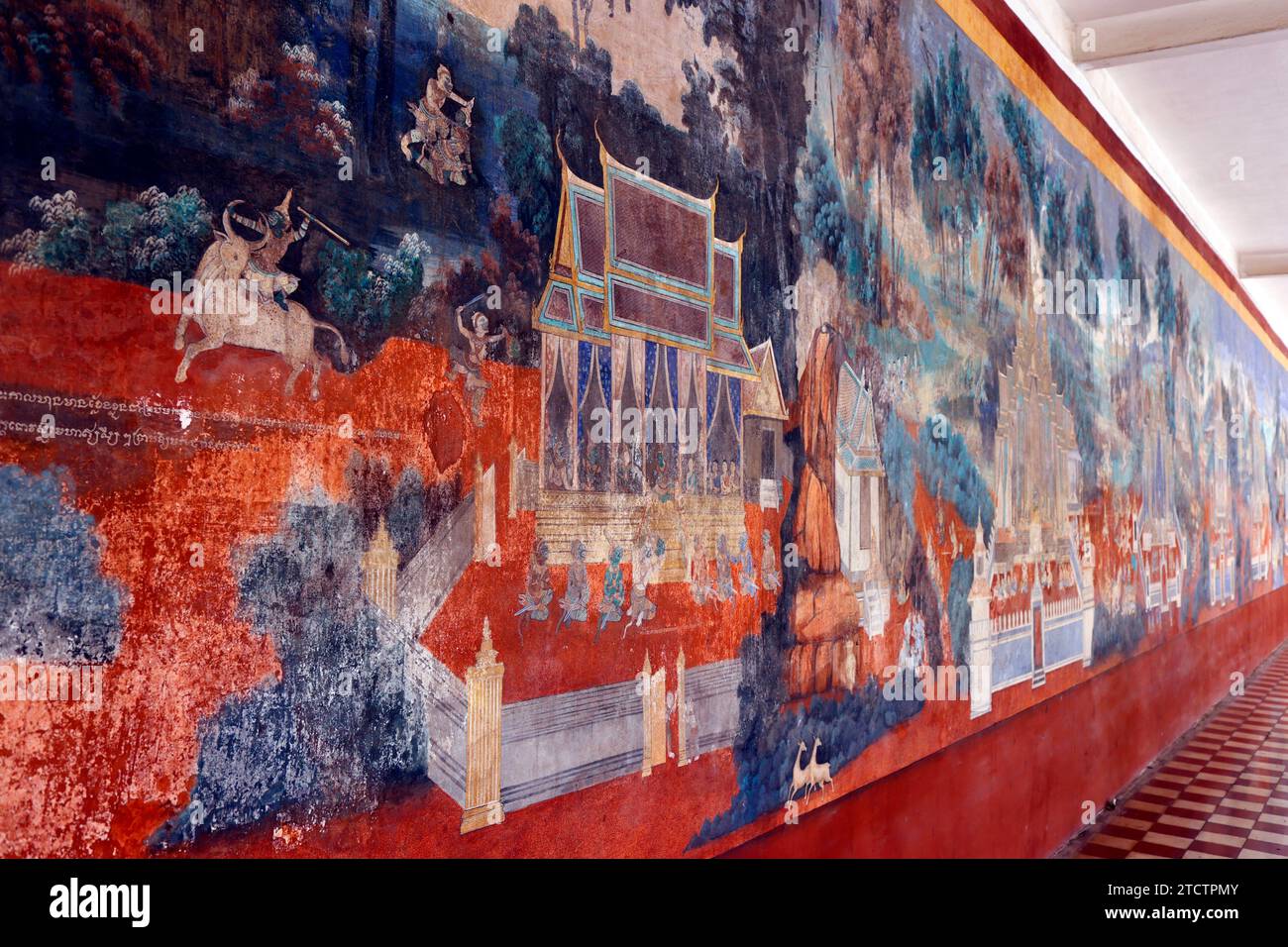 Royal palace complex. Murals of scenes from the Khmer (Reamker) version ...