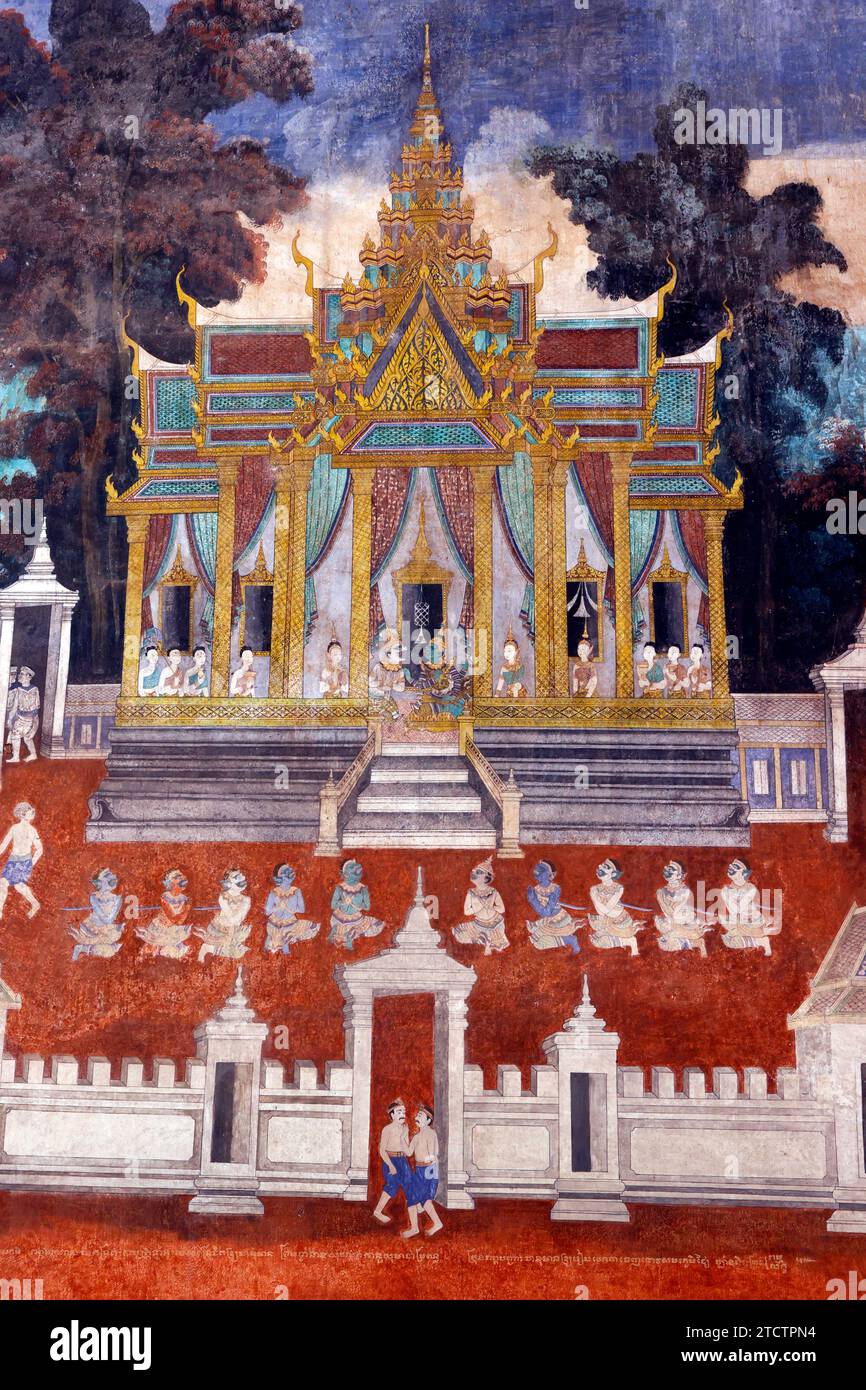 Royal palace complex. Murals of scenes from the Khmer (Reamker) version ...
