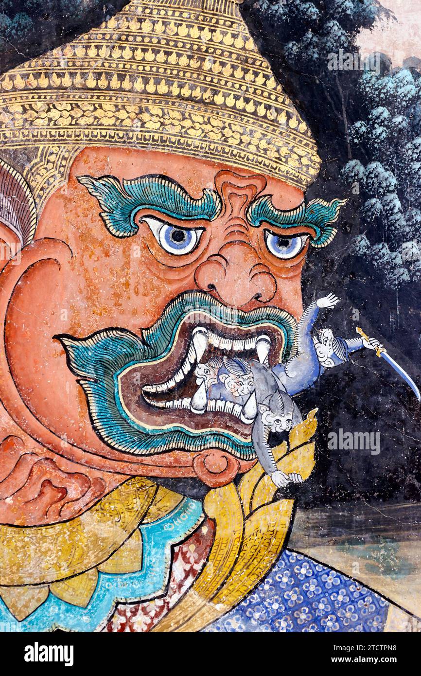 Royal palace complex. Murals of scenes from the Khmer (Reamker) version ...