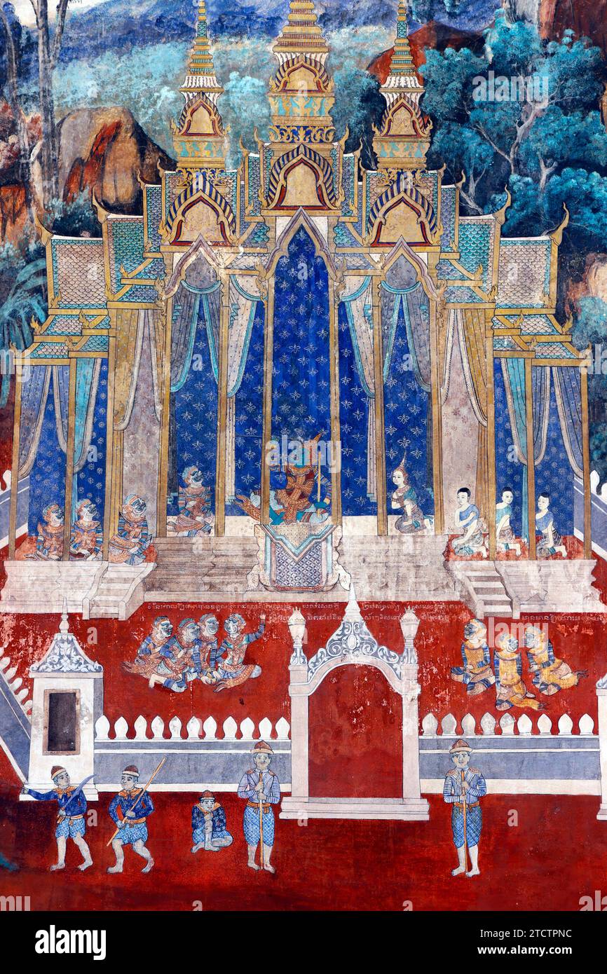 Royal palace complex. Murals of scenes from the Khmer (Reamker) version ...